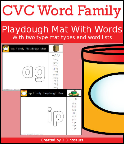 3 Dinosaurs - CVC Word Family Playdough Mats with Word Lists
