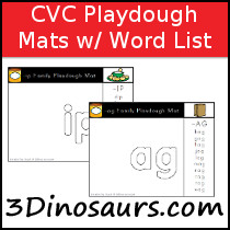 3 Dinosaurs - CVC Word Family Playdough Mats with Word Lists